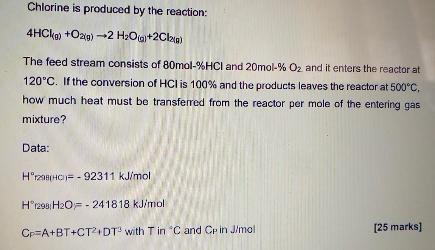 Solved Chlorine is produced by the reaction: 4HCl(g) +O2(g) | Chegg.com