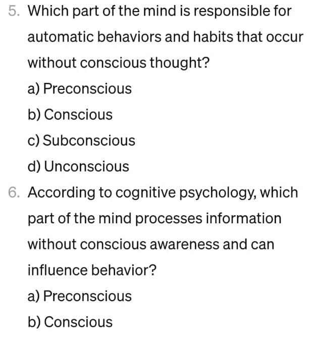 Solved Which part of the mind is responsible for automatic | Chegg.com