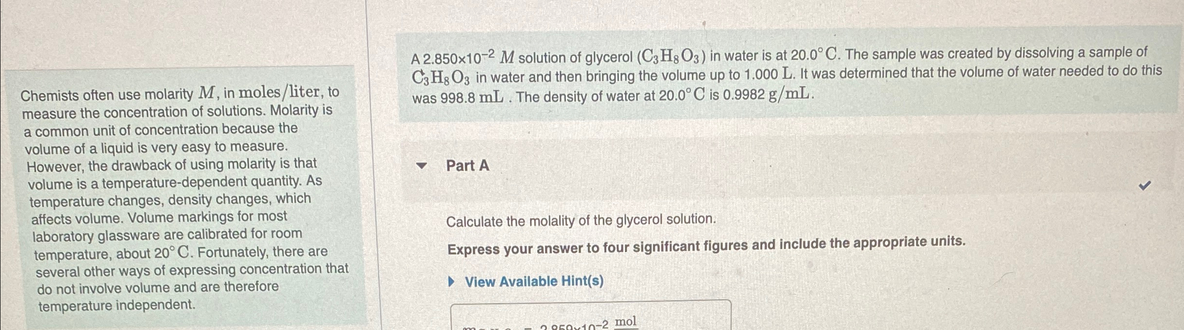 Solved Chemists often use molarity M, ﻿in moles/liter, ﻿to | Chegg.com