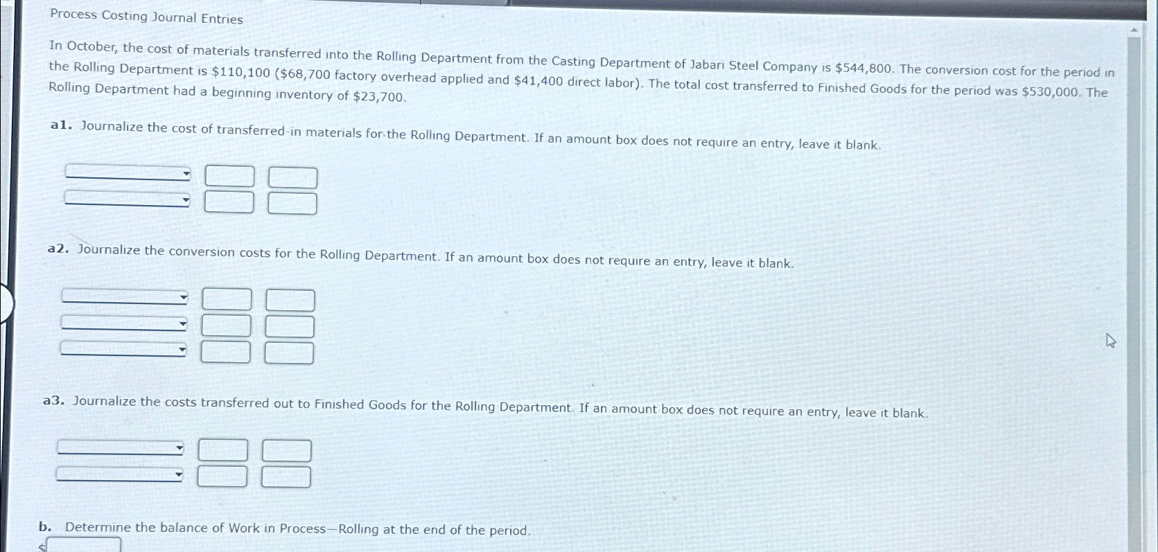 Solved Process Costing Journal Entries Rolling Department | Chegg.com