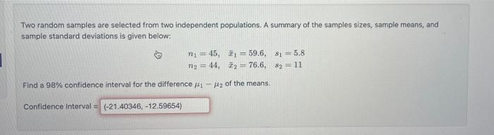 Solved Two random samples are selected from two independent | Chegg.com