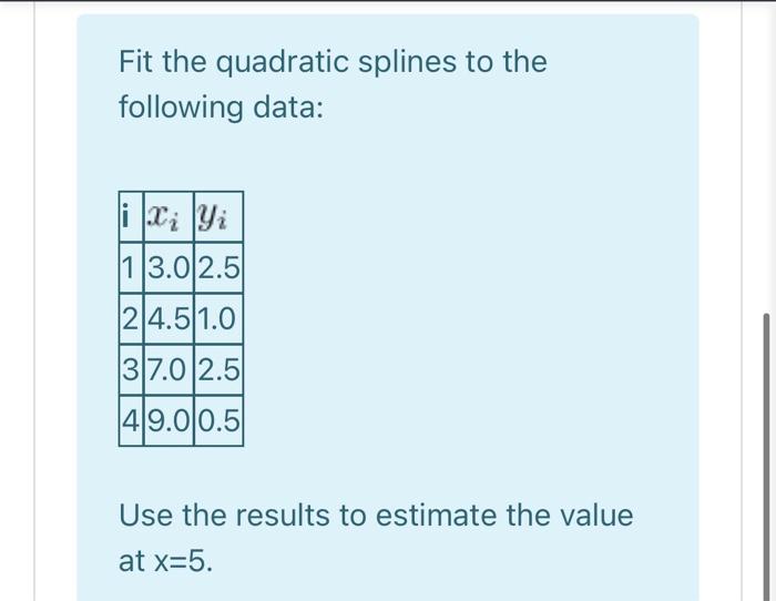 Solved Fit the quadratic splines to the following data: | Chegg.com