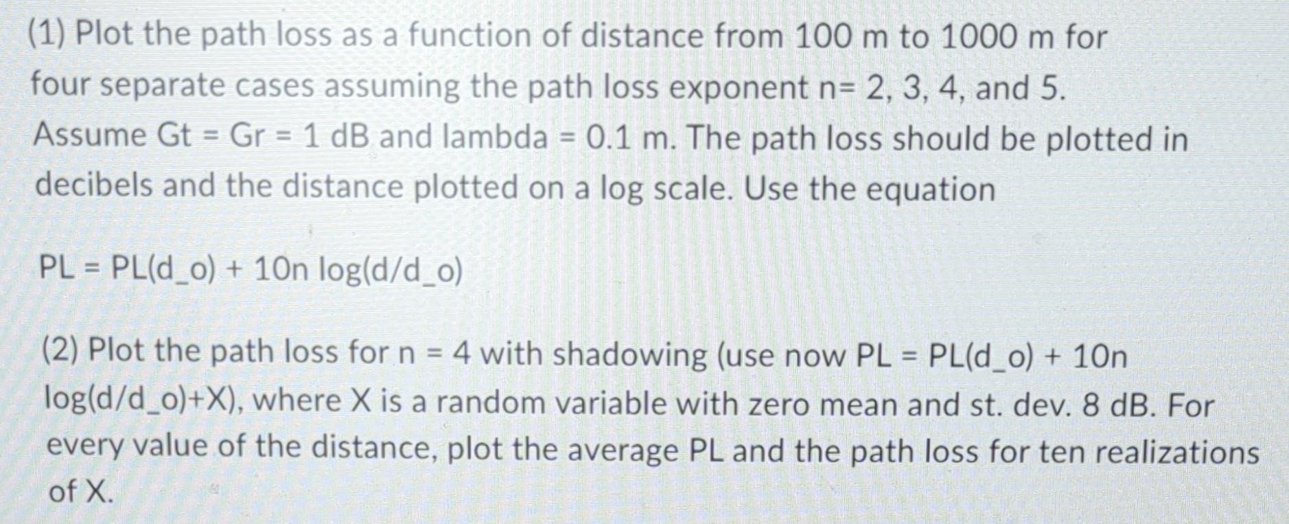Solved (1) Plot the path loss as a function of distance from | Chegg.com