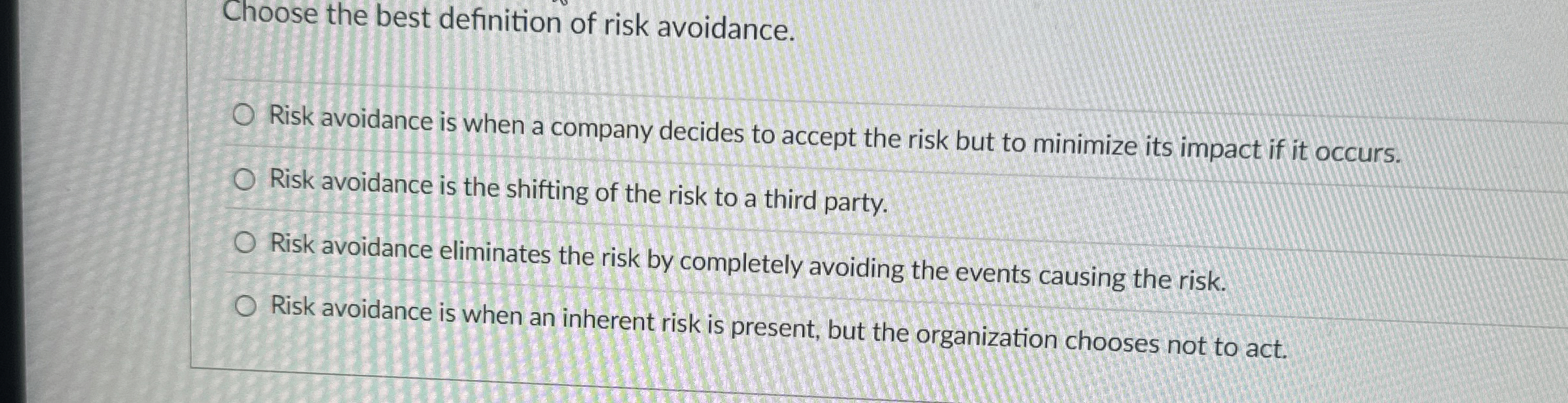 Solved Choose the best definition of risk avoidance.Risk | Chegg.com