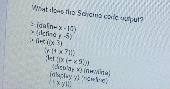 Solved What does the Scheme code output? >( define x−10) >( | Chegg.com