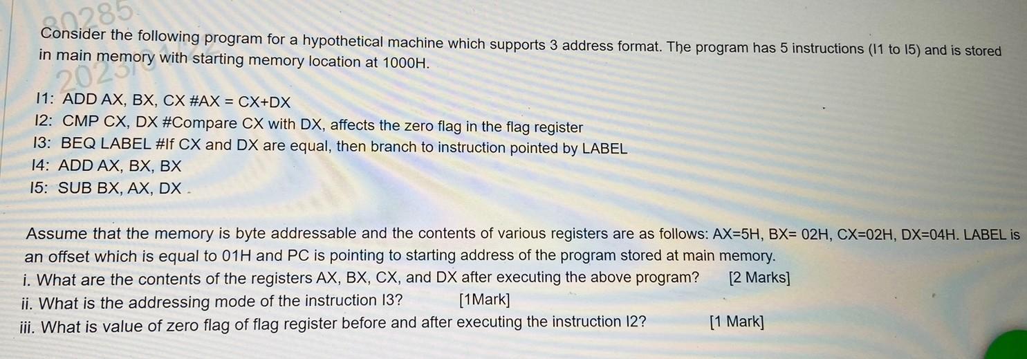 Solved Consider the following program for a hypothetical | Chegg.com