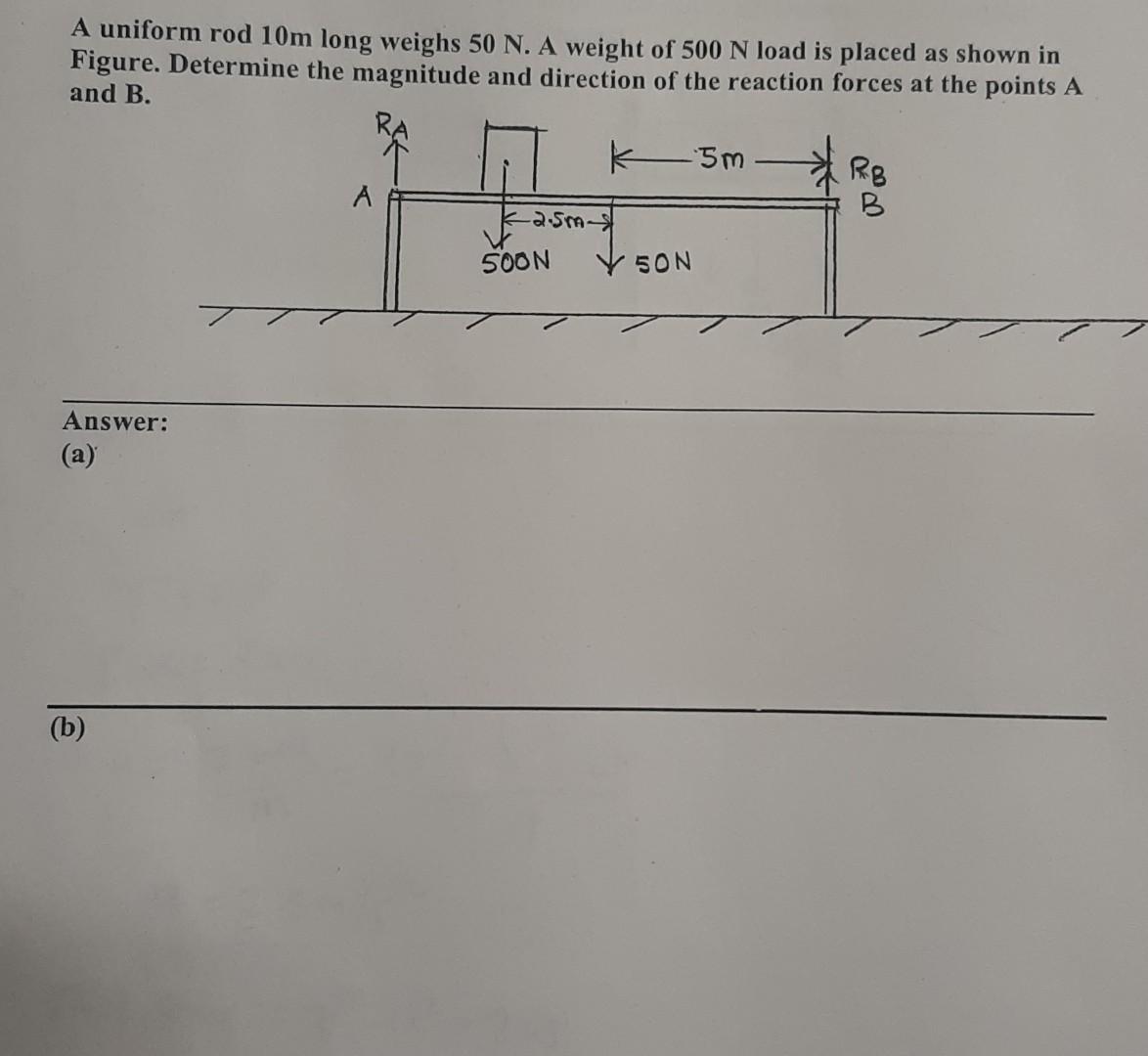 Solved A uniform rod 10 m long weighs 50 N. A weight of 500 | Chegg.com