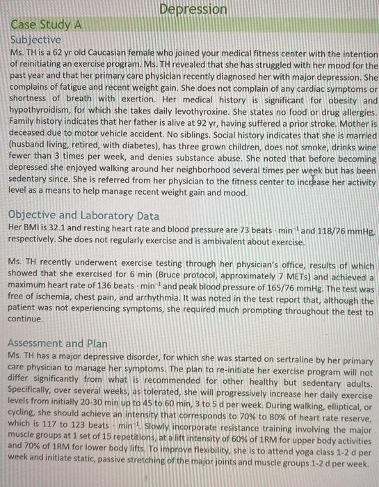 Solved Depression Case Study A Subjective Ms. TH is a 62 yr | Chegg.com