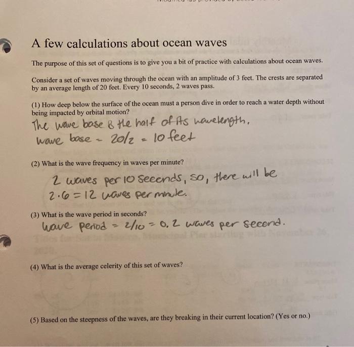 Solved A few calculations about ocean waves The purpose of | Chegg.com