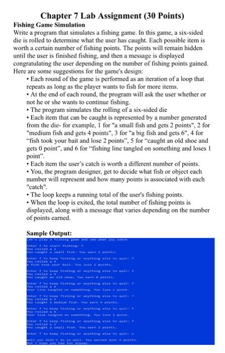 Solved a Chapter 7 Lab Assignment (30 Points) Fishing Game | Chegg.com
