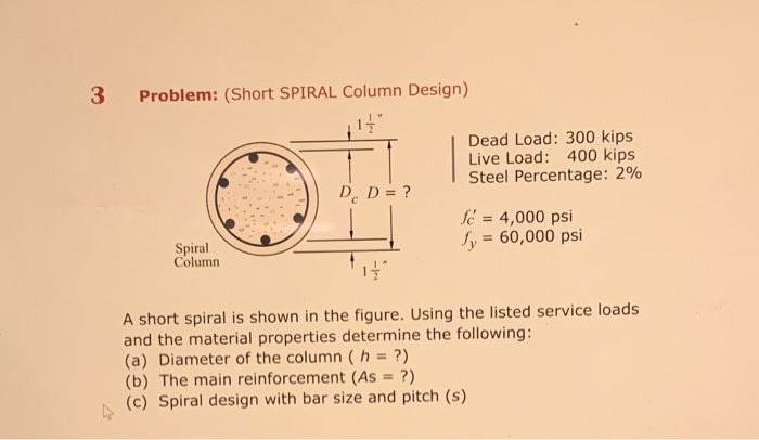 Solved 3 Problem: (Short SPIRAL Column Design) Dead Load: | Chegg.com