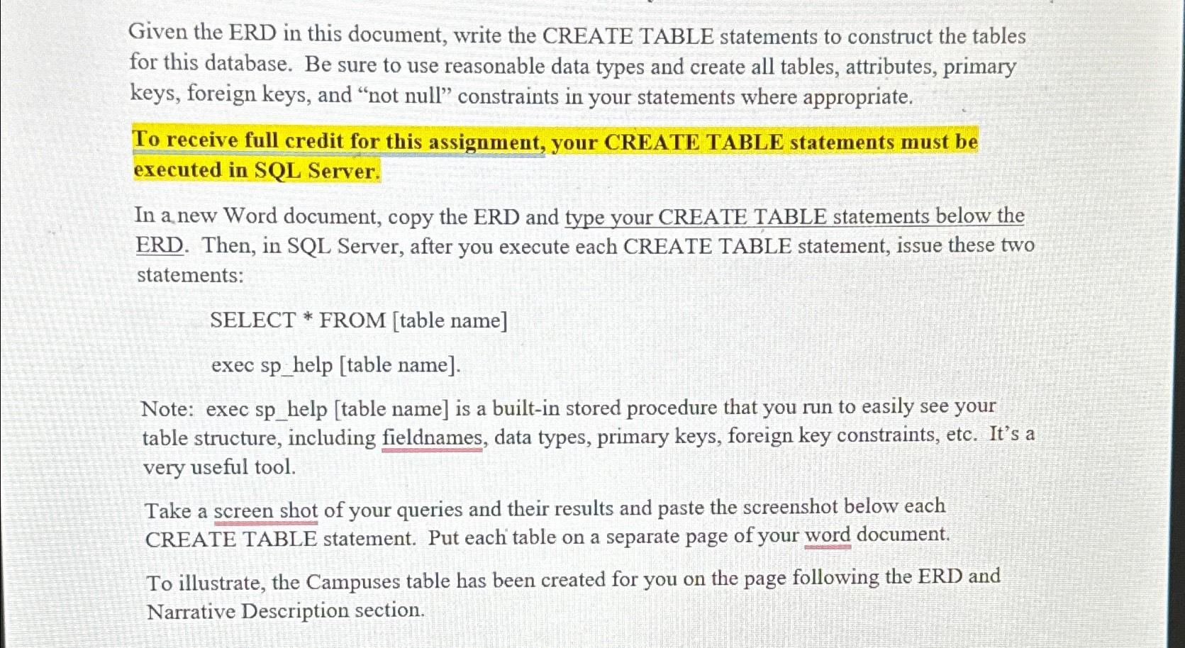 Solved Given the ERD in this document, write the CREATE | Chegg.com