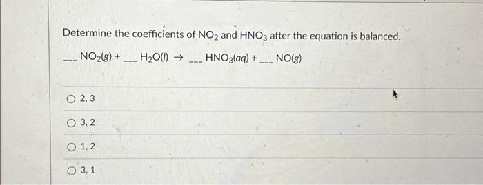 Solved Determine the coefficients of NO₂ and HNO3 after the | Chegg.com