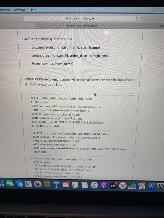Solved marks Window Help mcla instructure.com My Overview | Chegg.com