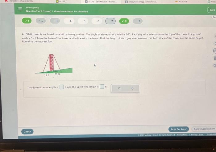 Solved A 150 -ft tower is anchored on a hill by two guy | Chegg.com