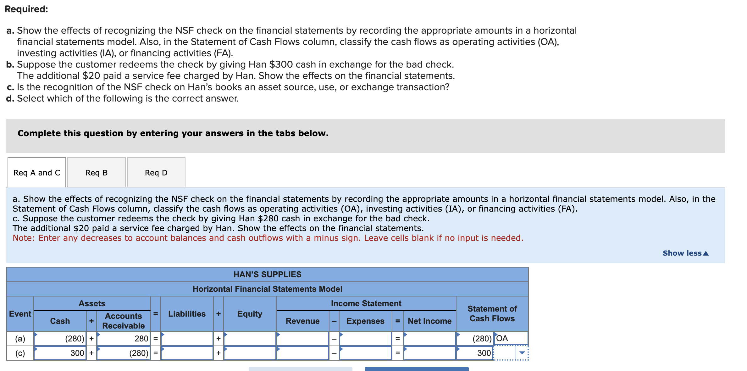 Solved Han’s Supplies’s bank statement contained a $280 ﻿NSF | Chegg.com