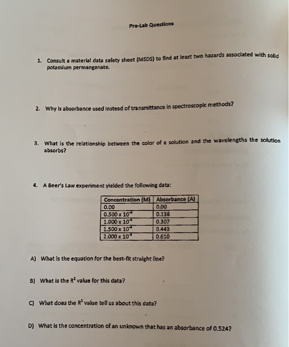 Solved Pre-Lab Questions 1. Consult a material data safety | Chegg.com