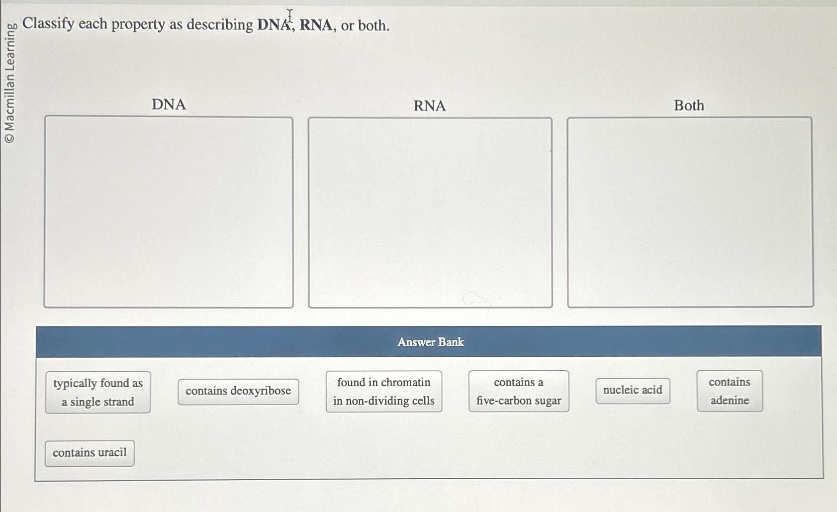 Solved Classify each property as describing DNA, RNA, or | Chegg.com