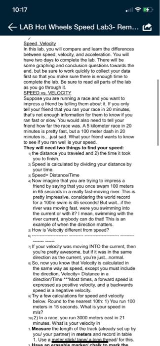 Solved 10:17 LAB Hot Wheels Speed Lab3- Rem... Speed | Chegg.com