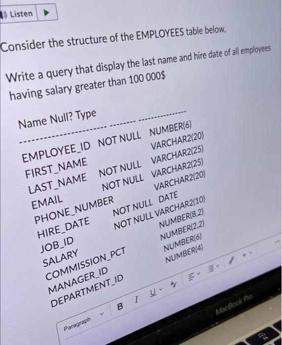 Solved Listen Consider the structure of the EMPLOYEES table | Chegg.com