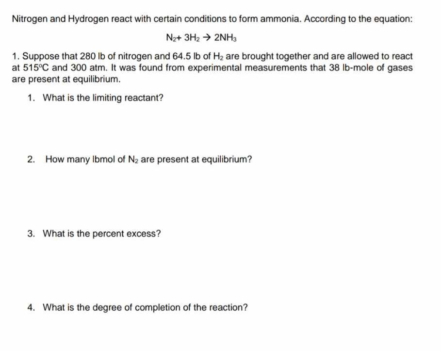 Nitrogen and Hydrogen react with certain conditions | Chegg.com