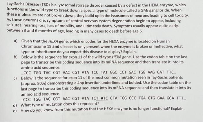 Solved Tay-Sachs Disease (TSD) is a lysosomal storage | Chegg.com