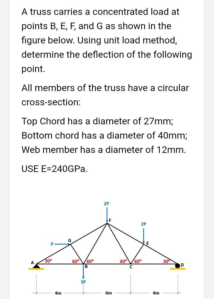 Solved A truss carries a concentrated load at points B, E, | Chegg.com