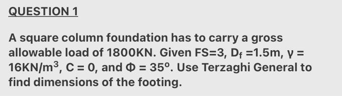 Solved QUESTION 1 A square column foundation has to carry a | Chegg.com