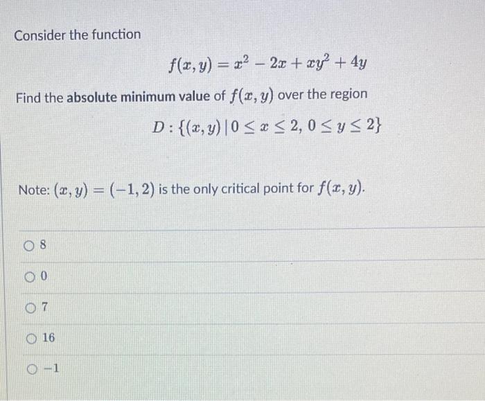 Solved Consider the function f(x,y)=x2−2x+xy2+4y Find the | Chegg.com