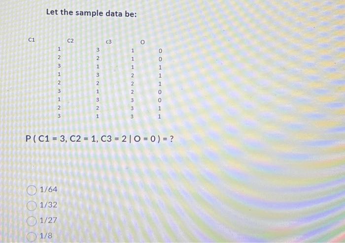 Solved Let the sample data be: C1 P(C1=3,C2=1,C3=2∣O=0)=? | Chegg.com