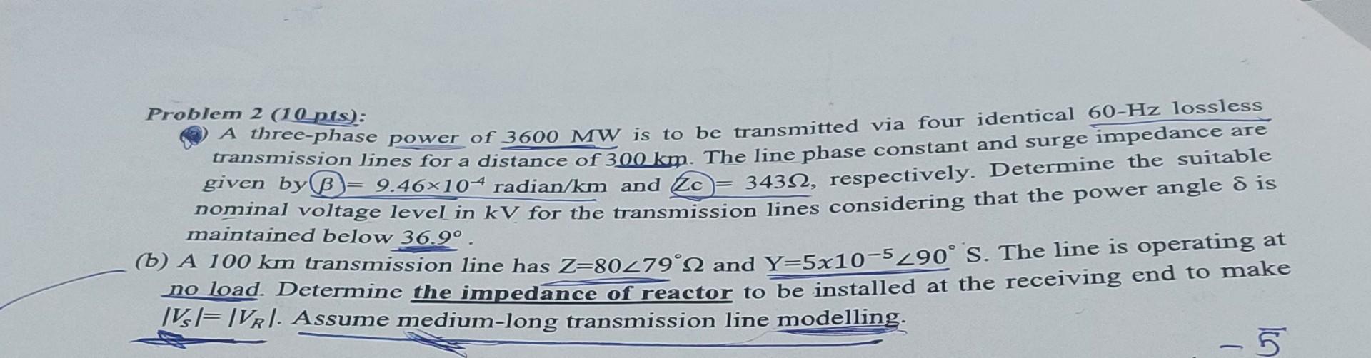 Solved Problem 2 (10pts): A three-phase power of \\( 3600 | Chegg.com