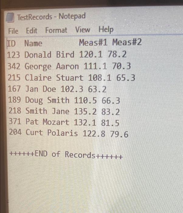 Solved 1) (10 pts) The sample data file "TestRecords.txt" | Chegg.com