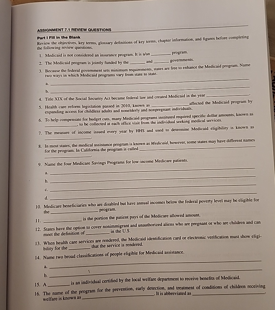 Solved ASSIGNMENT 7.1 ﻿REVIEW QUESTIONSPart I Fill in the | Chegg.com
