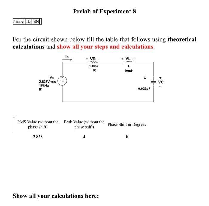 Solved Prelab of Experiment 8 \begin{tabular}{|l||l|l|} | Chegg.com