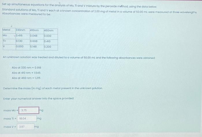 Solved Set up simultaneous equations for the anolysis of Mo, | Chegg.com