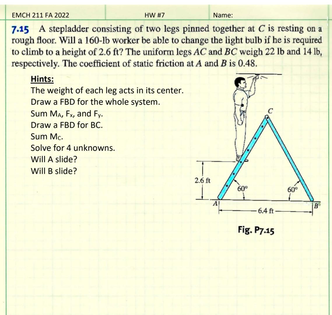Solved 7.15 A stepladder consisting of two legs pinned | Chegg.com