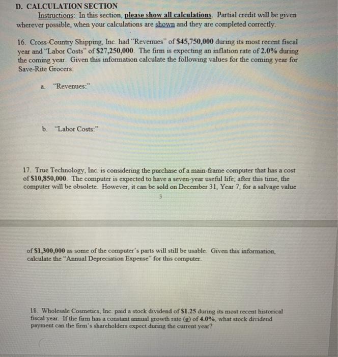 Solved D. CALCULATION SECTION Instructions: In this section, | Chegg.com