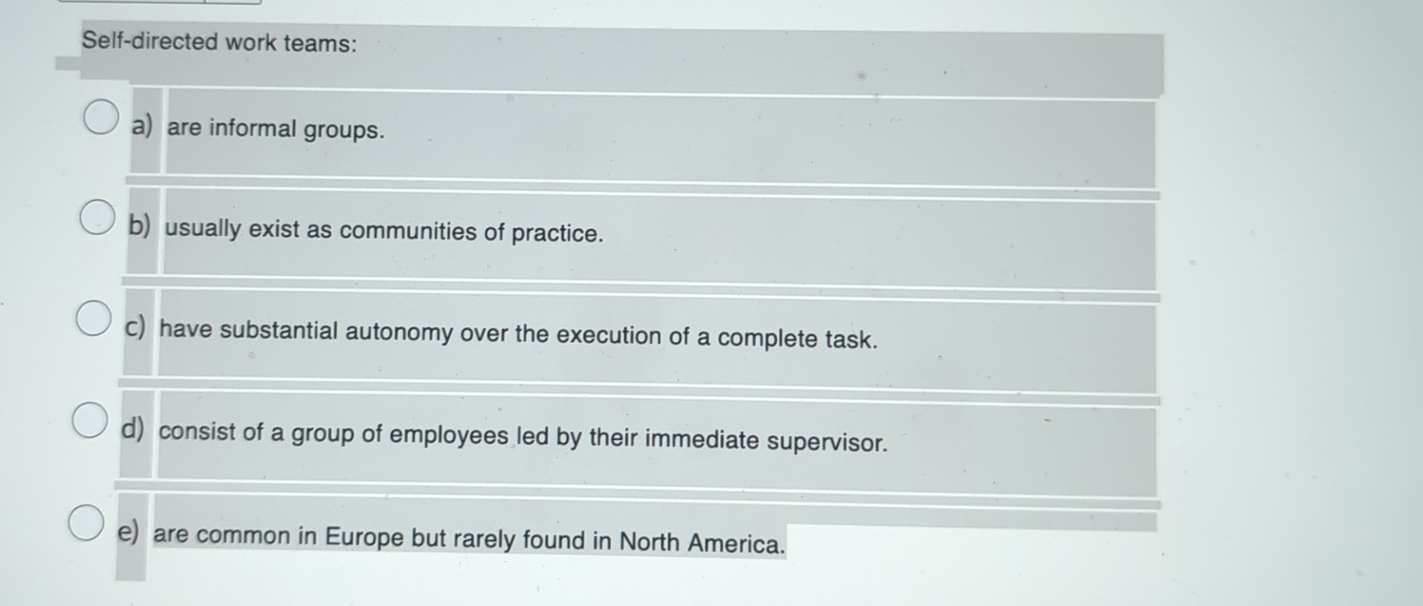 Solved Self-directed work teams:a) ﻿are informal groups.b) | Chegg.com