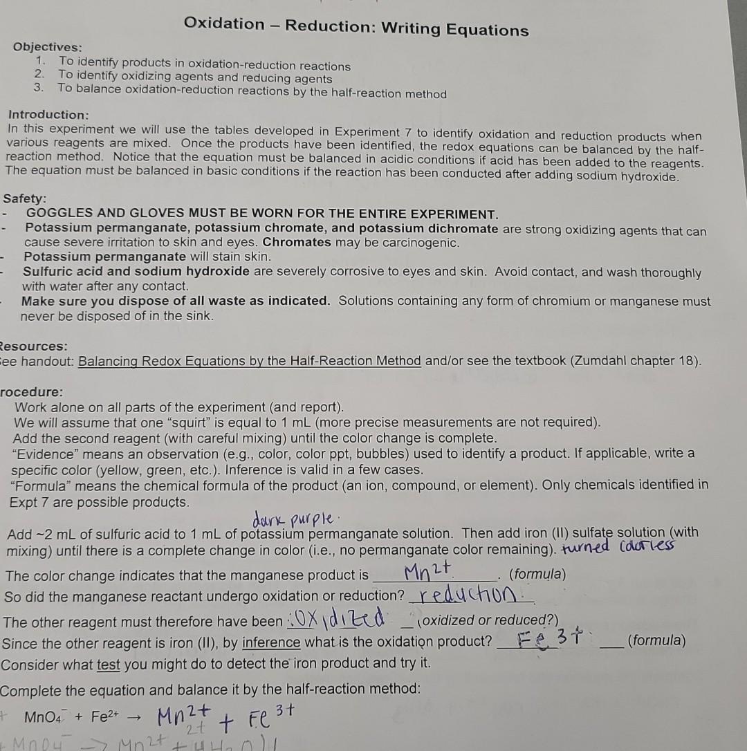 Solved Oxidation - Reduction: Writing Equations Objectives: | Chegg.com