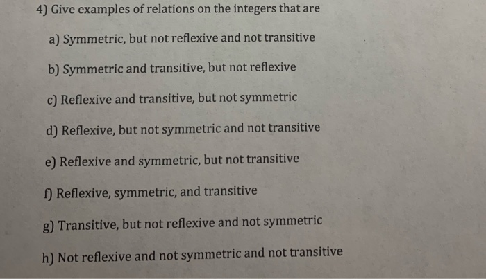 Solved 4) Give examples of relations on the integers that | Chegg.com