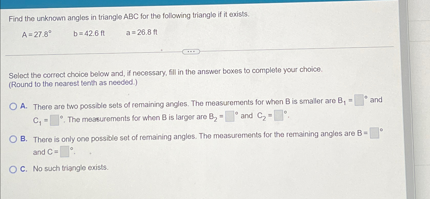 Solved Find the unknown angles in triangle ABC for the | Chegg.com