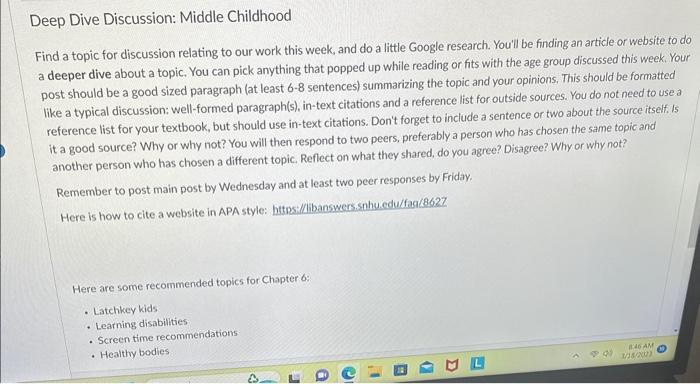 Solved Deep Dive Discussion: Middle Childhood Find a topic | Chegg.com