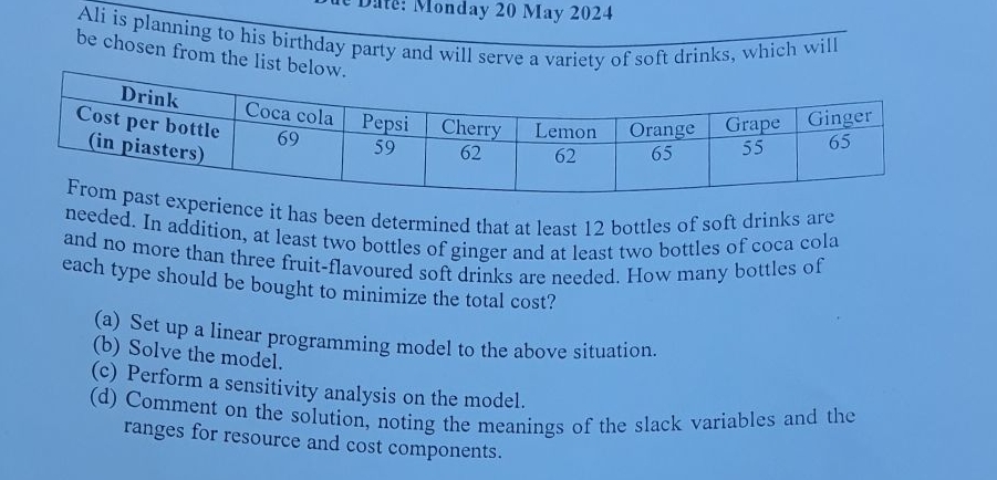 Solved Ali is planning to his birthday party and will serve | Chegg.com