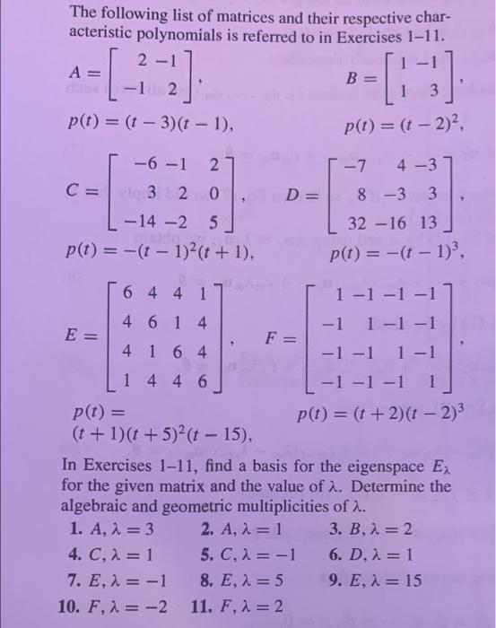 Solved The following list of matrices and their respective | Chegg.com