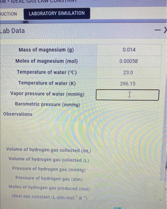 Solved Volume of hydrogen gas collected (mL) Volume of | Chegg.com