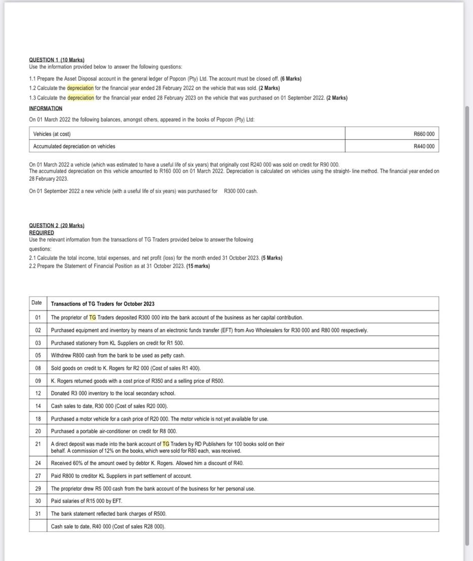 Solved QUESTION 1(10 ﻿Marks)Use the information provided | Chegg.com