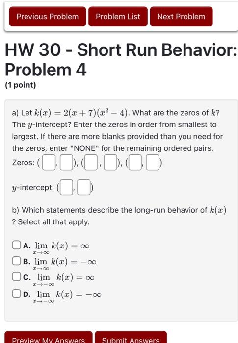 Solved HW 30 - Short Run Behavior: Problem 4 (1 point) a) | Chegg.com