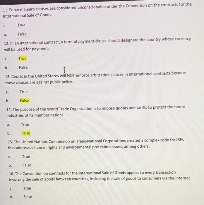 Solved 11. Force majeure clauses are considered | Chegg.com