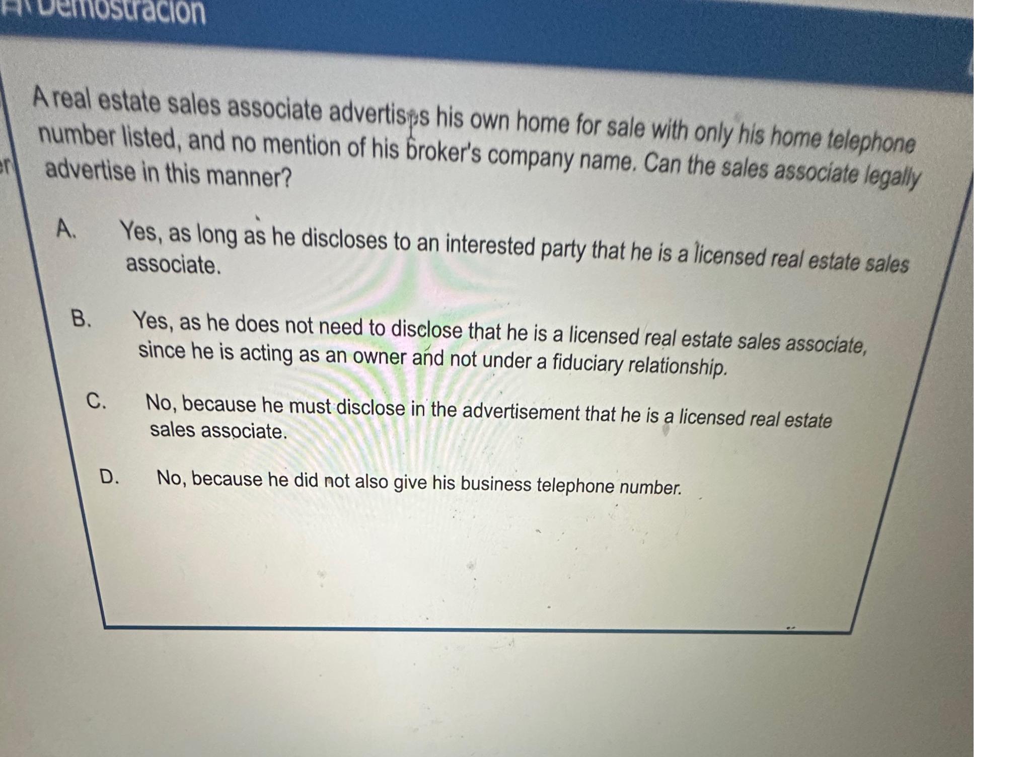 Solved TA real estate sales associate advertisps his own | Chegg.com