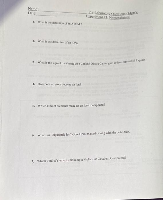 Solved Name: Date: Pre-Laboratory Questions (14pts): | Chegg.com